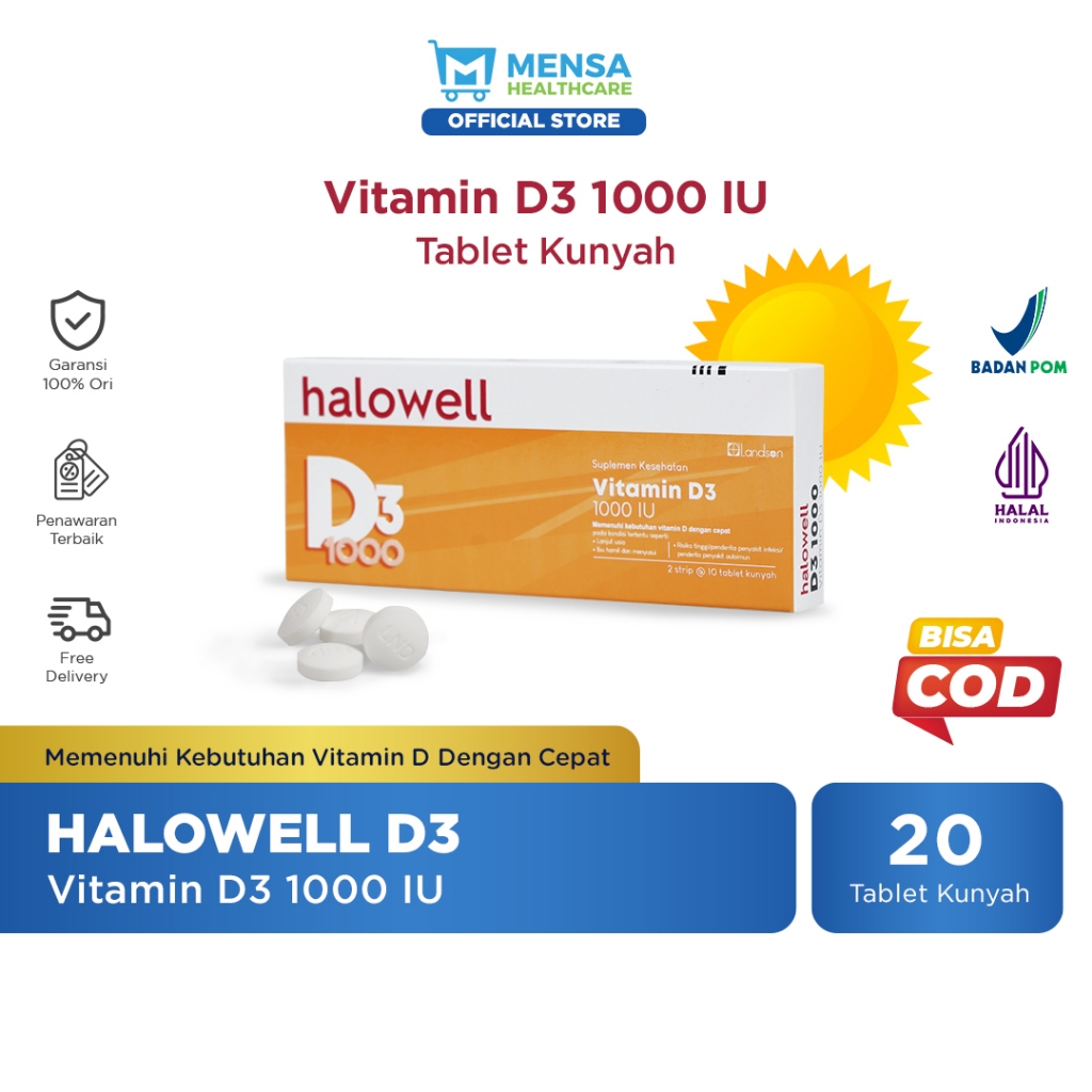 Jual Halowell Vitamin D3 1000 IU 1 Pack x 20 Tablet Kunyah ( Suplemen Kesehatan / Daya Tahan ...