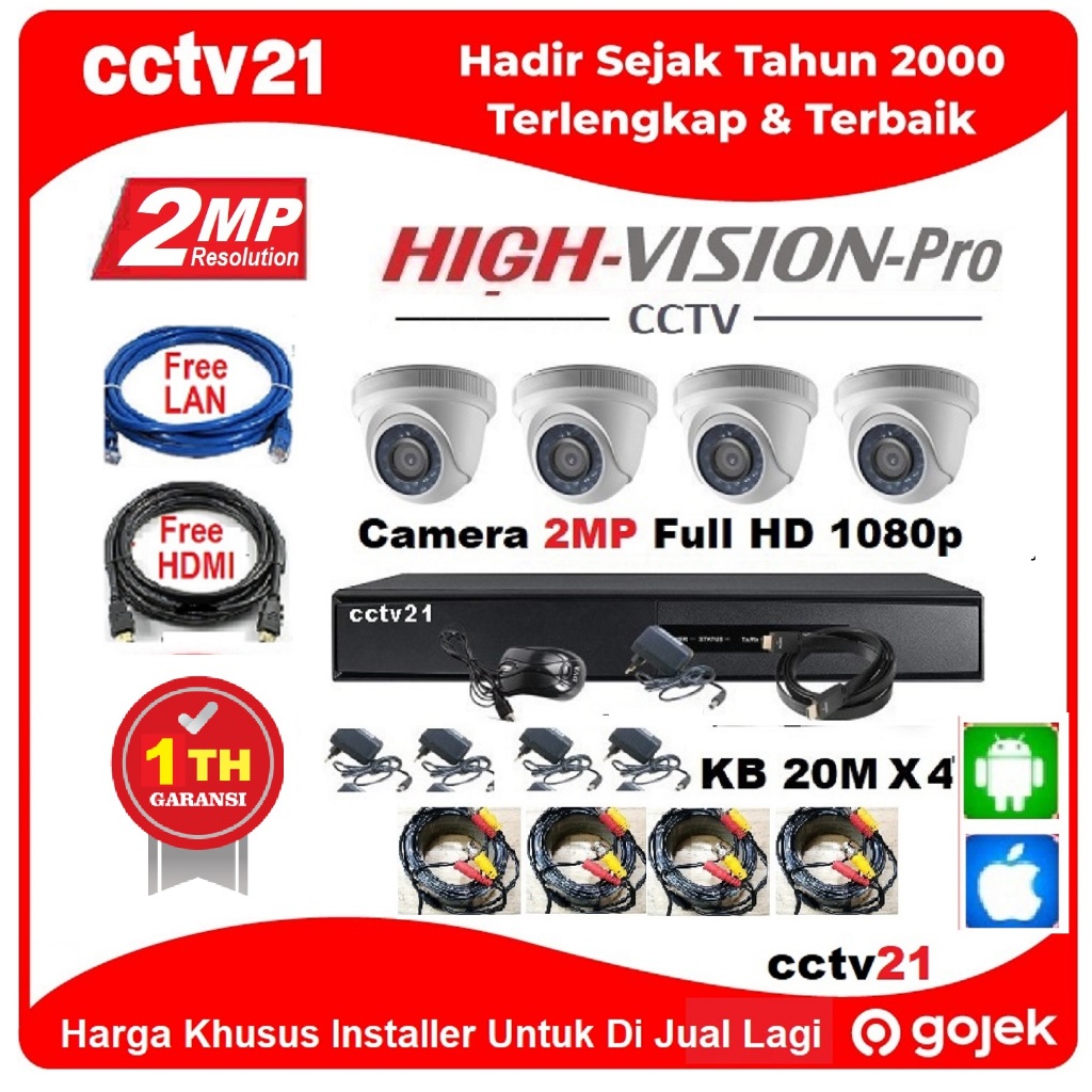 Jual Paket CCTV 4 Kamera HighVision 2MP (MHK)+DVR+Kabel 80M+HDMI+LAN ...