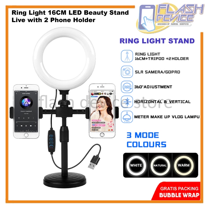 Jual Ring Light 16CM LED Beauty Desktop Stand Live with 2 Phone Holder ...