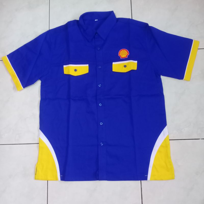 Jual kemeja baju mekanik work Shirt oli Shell biru Size L | Shopee ...