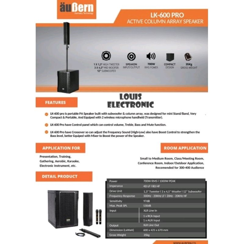 Jual Speaker Aktif Column AUBERN LK-600 PRO 12 Inch + 2 Mic Wireless ...