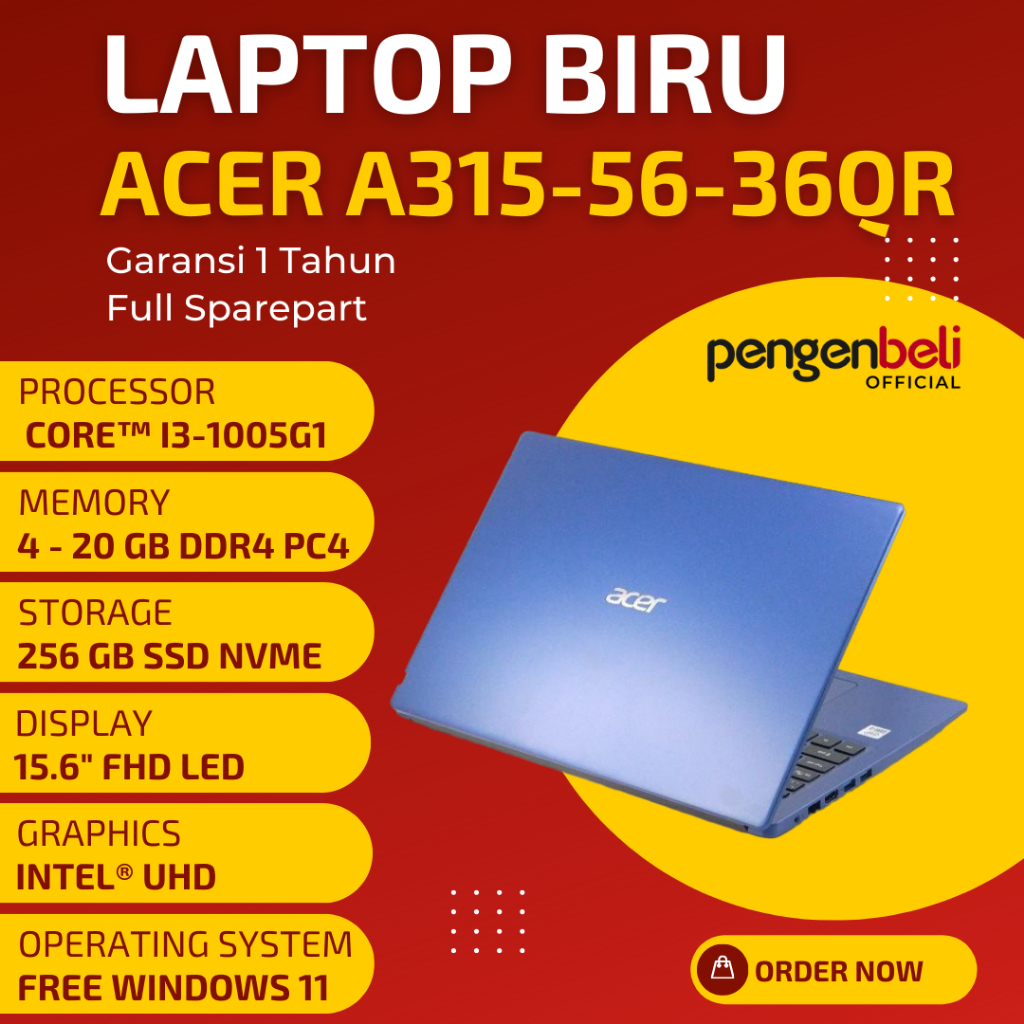 Jual ITEM BARU! LAPTOP WARNA BIRU ACER ASPIRE 3 A315-56-36QR [CORE I3 ...