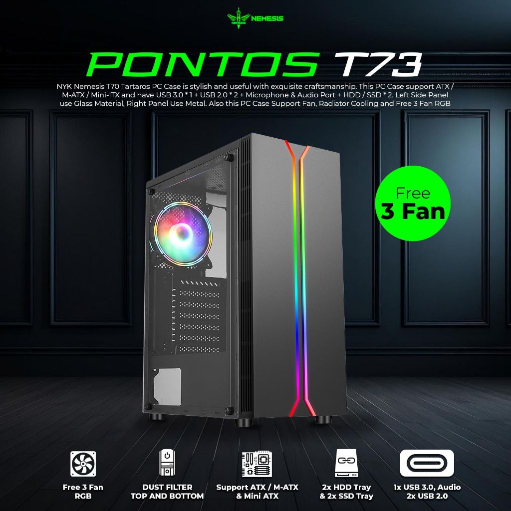 Jual NYK Pontos T73 Casing Komputer Gaming ATX Free 3Fan RGB | Shopee ...