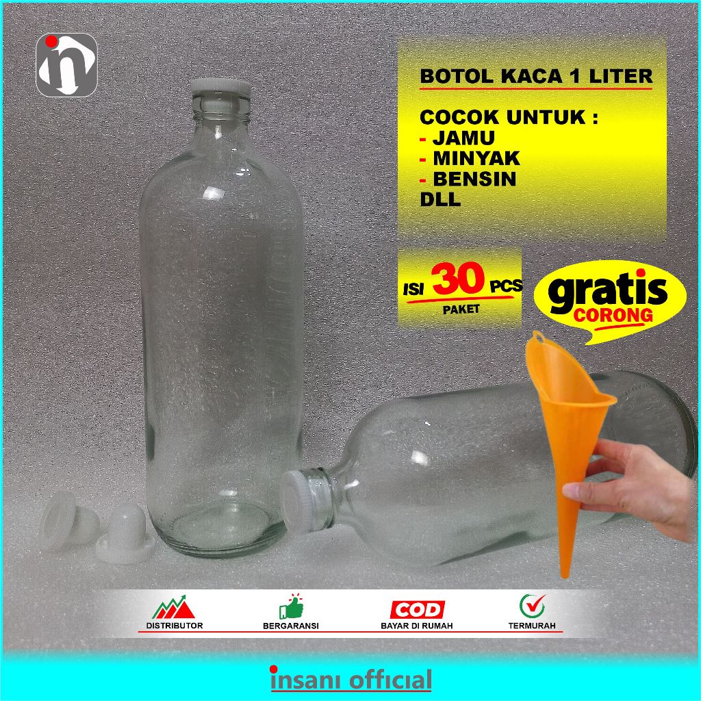 Jual ( PAKET isi 30 Gratis Corong ) Botol Kaca 1 Liter Tutup plug cocok ...