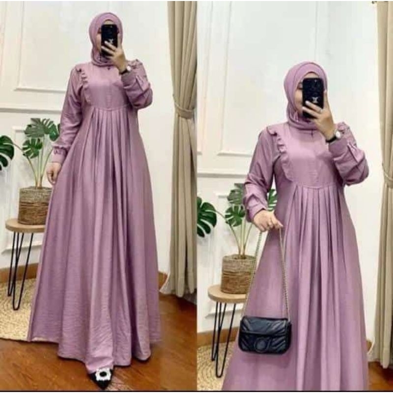 Jual Alisha dress polo linen gamis ruffle wanita kekinian | Shopee ...