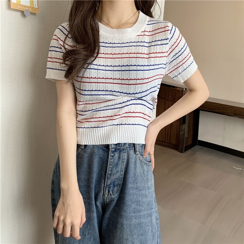 Jual Rajut Knit Wanita Korea Style Stripe Crop Top Lengan Panjang Vintage Rajut Premium Baju ...