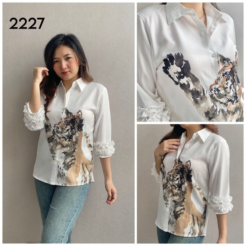 Jual Kemeja Putih BW Fashion Printing motif Lukisan Macan | Shopee ...