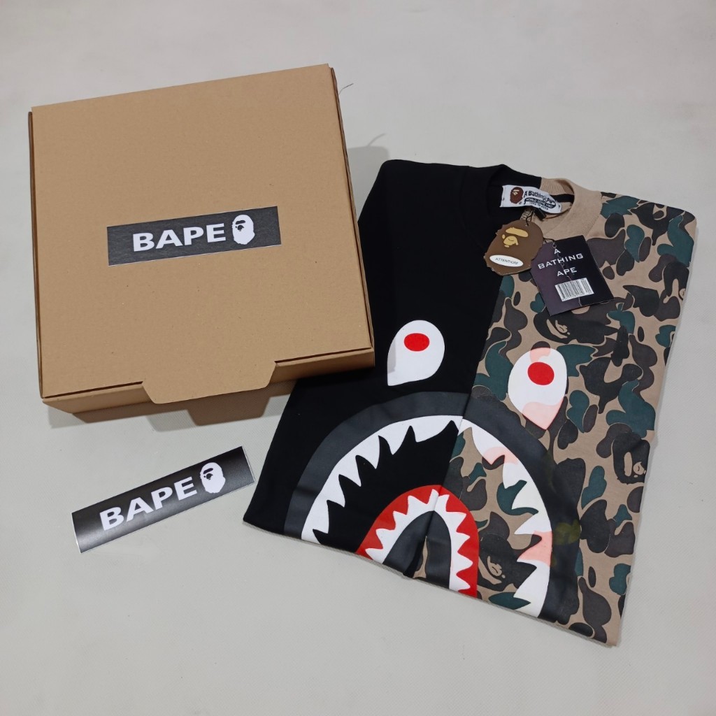 Jual Baju Kaos Pria Aape Bape A Bathing Ape Big Logo Shark WGM Hitam Cream 24s | Shopee Indonesia