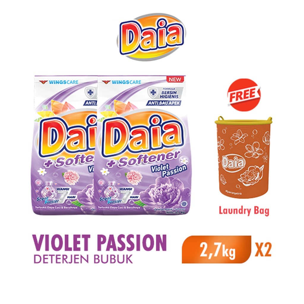 Jual Daia Powder Detergent Violet Bag 2,7 kg x2 Free Laundry Bag ...