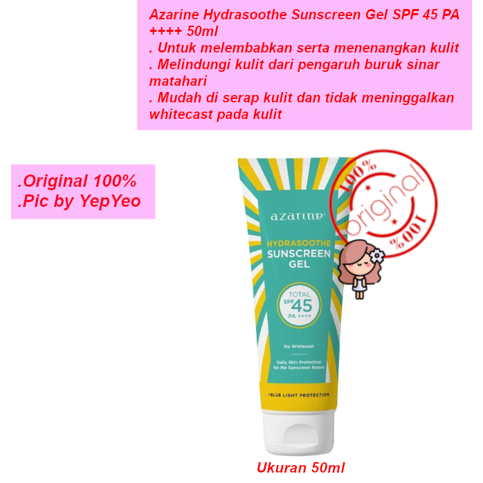 Jual Azarine Hydrasoothe Sunscreen Gel SPF 45 PA ++++ 50ml | Shopee Indonesia