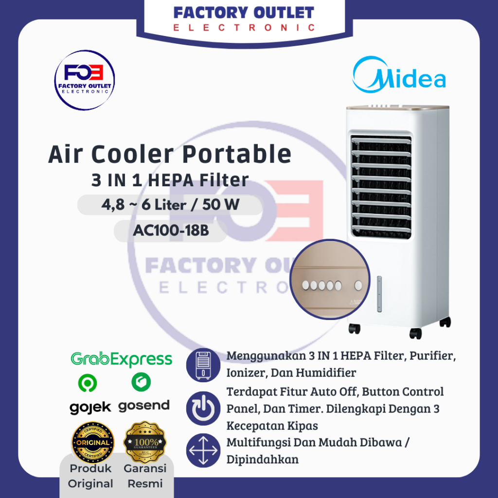 Jual MIDEA AC100-18B Air Cooler Portable Standing 3 in 1 HEPA Filter 4 ...