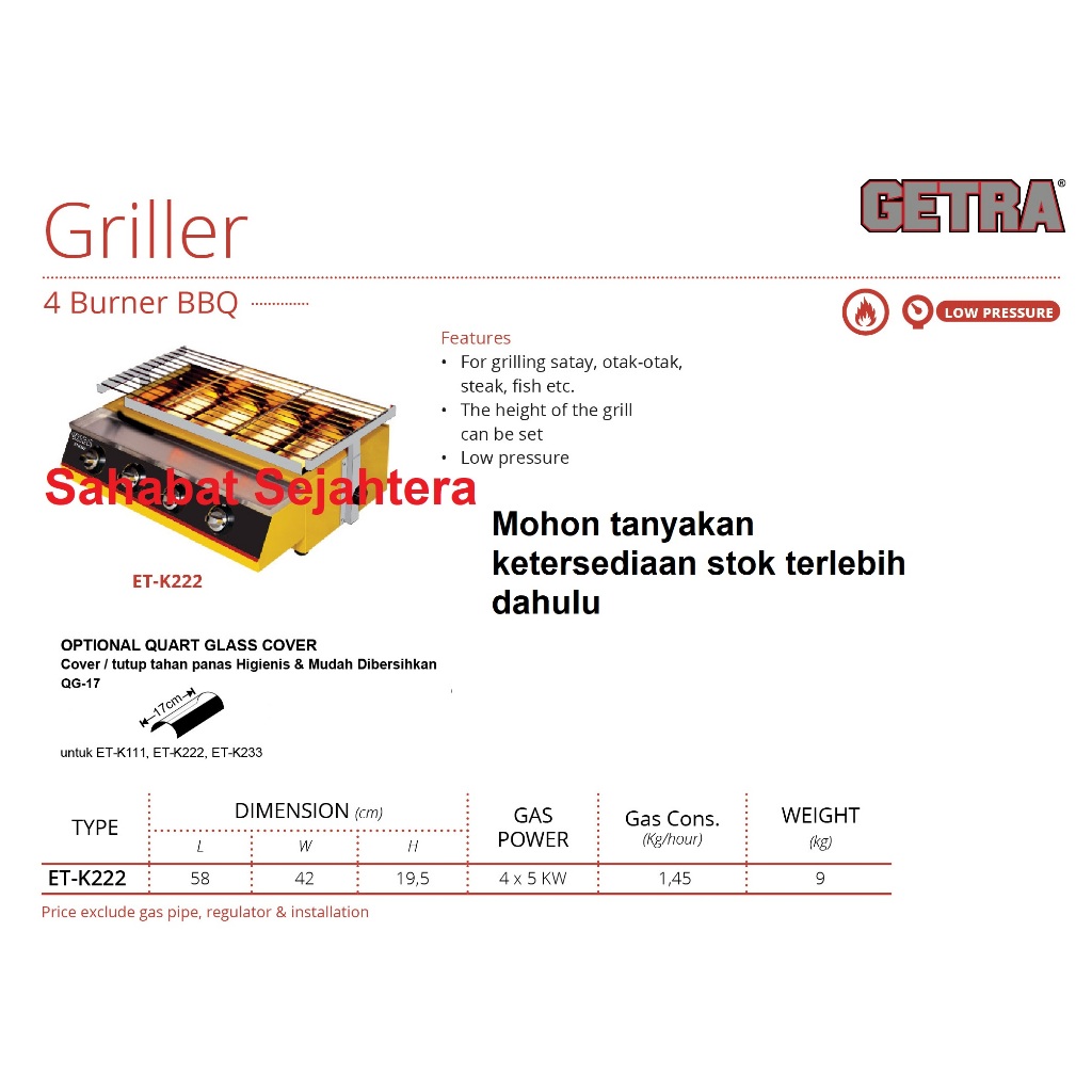 Jual GETRA Griller 4 Burner BBQ ET-K222 Kompor Gas Pemanggang 4 Tungku ...