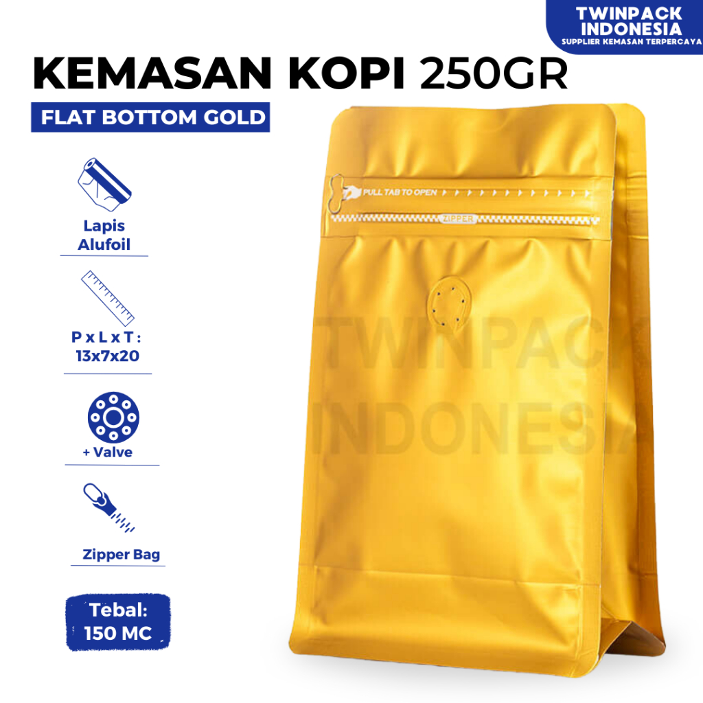 Jual Kemasan Kopi 200 - 250 Gram Ziplock Emas Flat Bottom | Valve | Zipper | Packaging Kopi ...