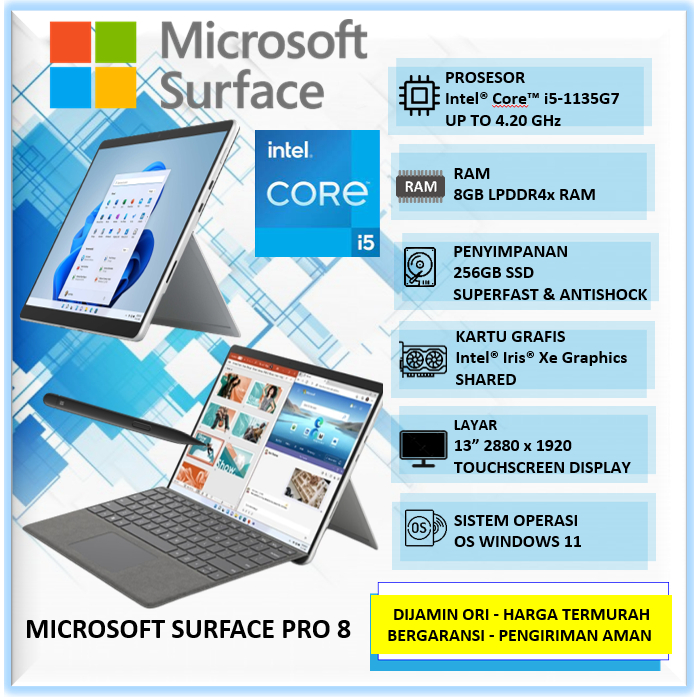 Jual Laptop Tablet 2IN1 Microsoft Surface Pro 8 Intel i5 Gen 11 8GB 256GB SSD Windows 11 Jp,e ...