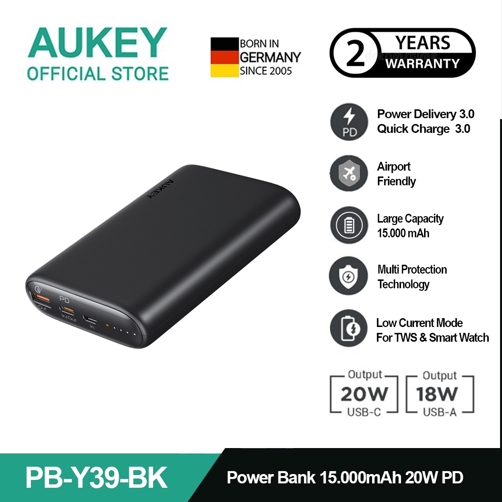 Jual AUKEY Powerbank 15000mah USB C 20W PD 3.0 Slim PB-Y39-BK | Shopee Indonesia