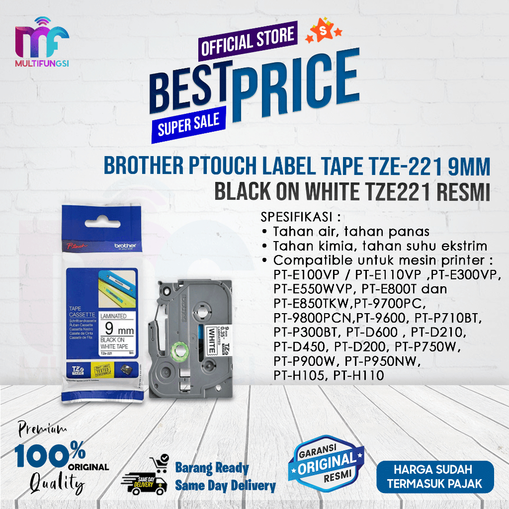 Jual Brother Ptouch Label Tape TZE-221 9mm Black on White TZE221 Resmi ...