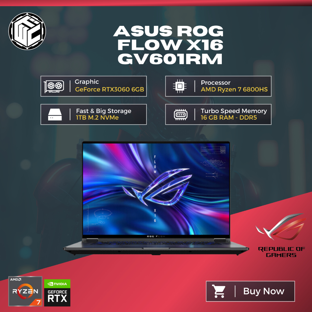 Jual Laptop ASUS ROG FLOW X16 GV601RM RYZEN 7-6800HS 16GB 1TB RTX3060 ...