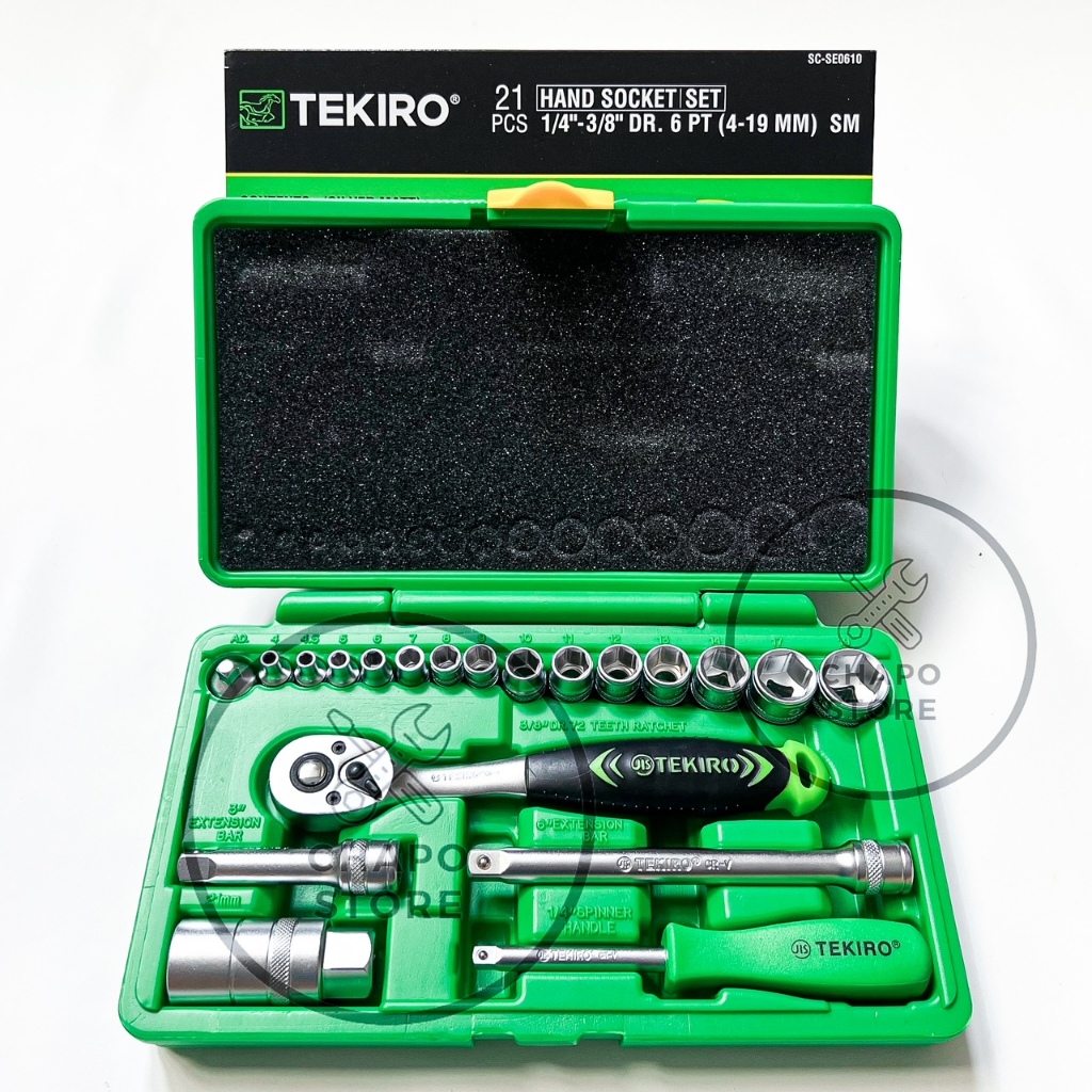 Jual Tekiro kunci sok sock shock socket set 21pcs 1/4"-3/8" DR. 6 PT (4-19 MM) hand socket set ...