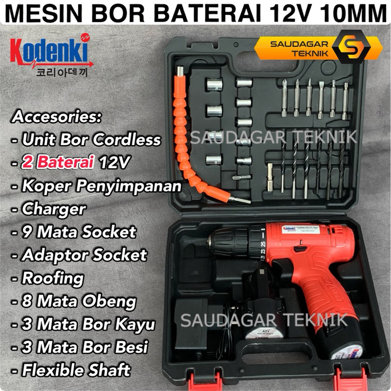 Jual Mesin Bor Baterai Cordless 12V 10mm Kodenki Cordless Drill 10 mm ...