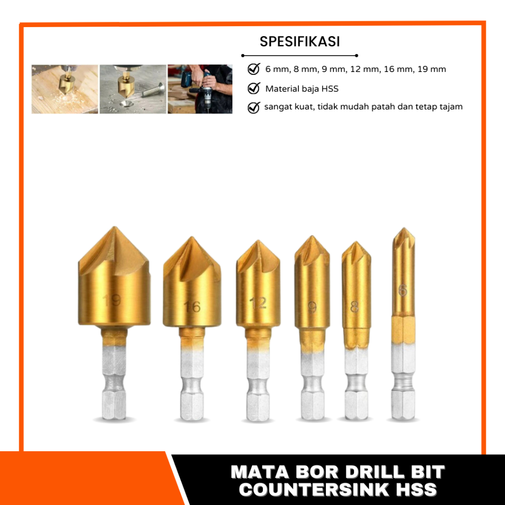 Jual Mata Bor Besi HSS 6 Pcs Countersink Gold Drill Bit Set Countersink ...