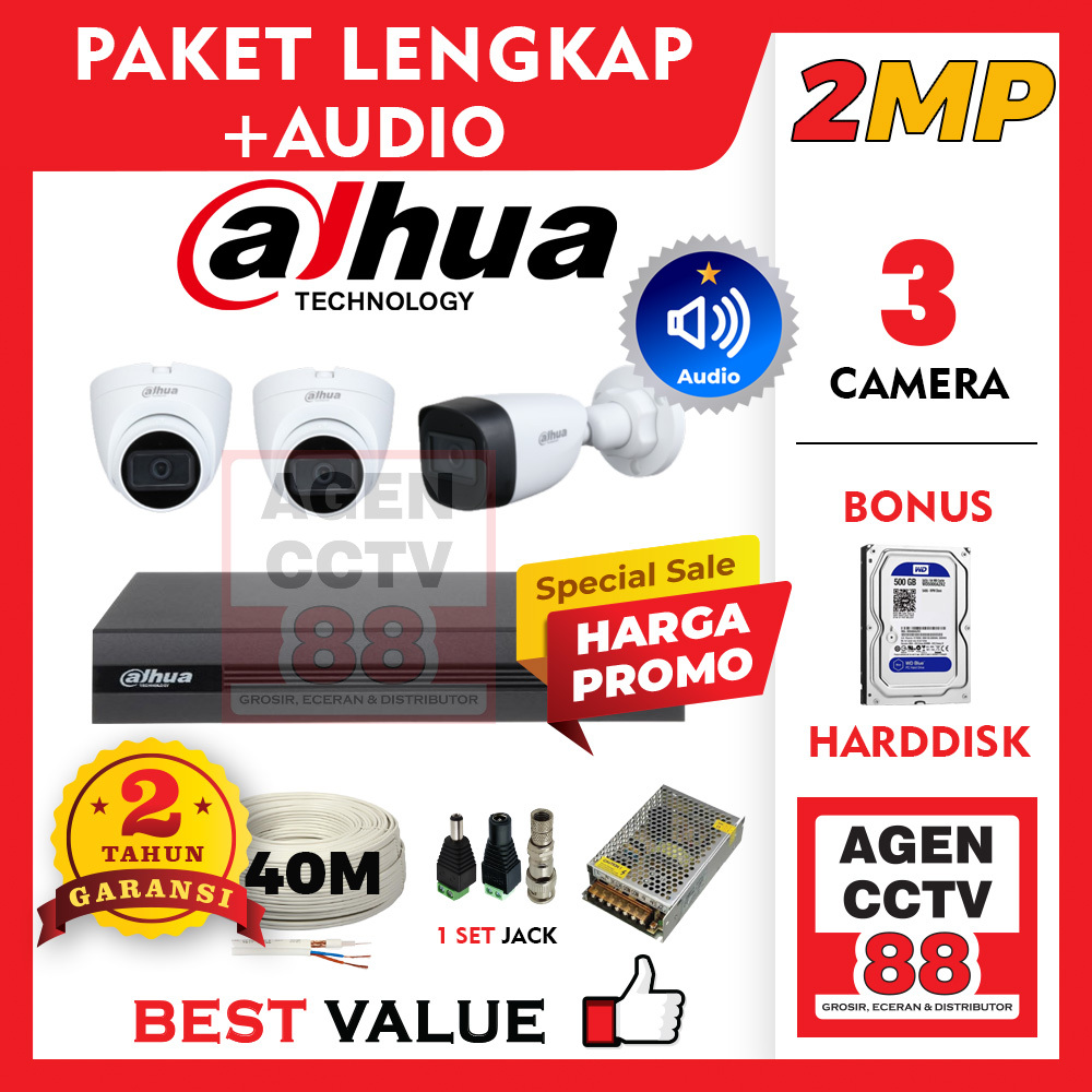 Jual Paket CCTV DAHUA 3CH 3 Channel Kamera AUDIO MIC 2MP Lengkap Kabel +HDD | Shopee Indonesia