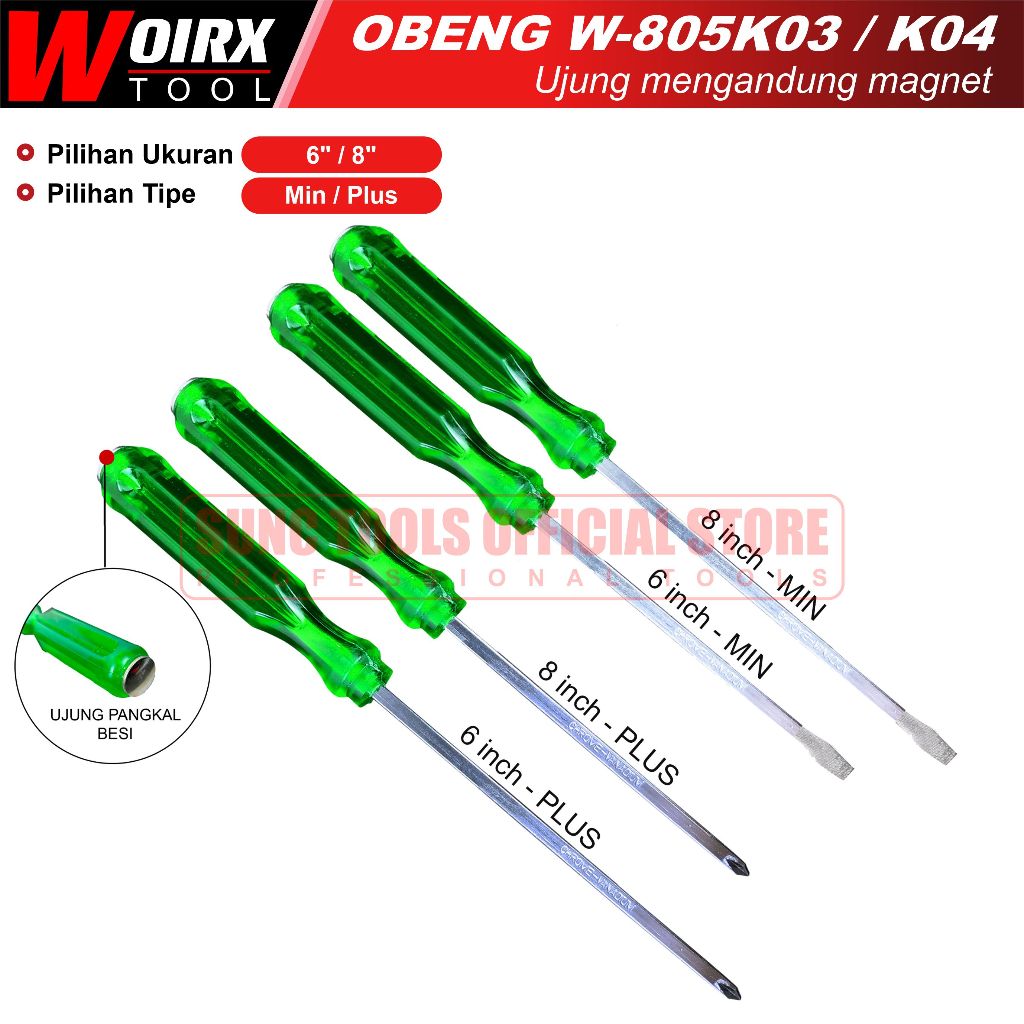 Jual WOIRX TOOL Obeng Plus Minus Magnet 6" 8" inch Gagang Fiber Atas ...