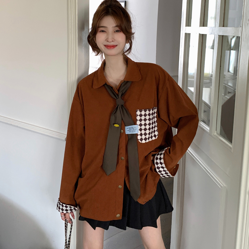 Jual Kemeja Korduroi Wanita, Atasan Kemeja Dasi Lengan Panjang Longgar ...