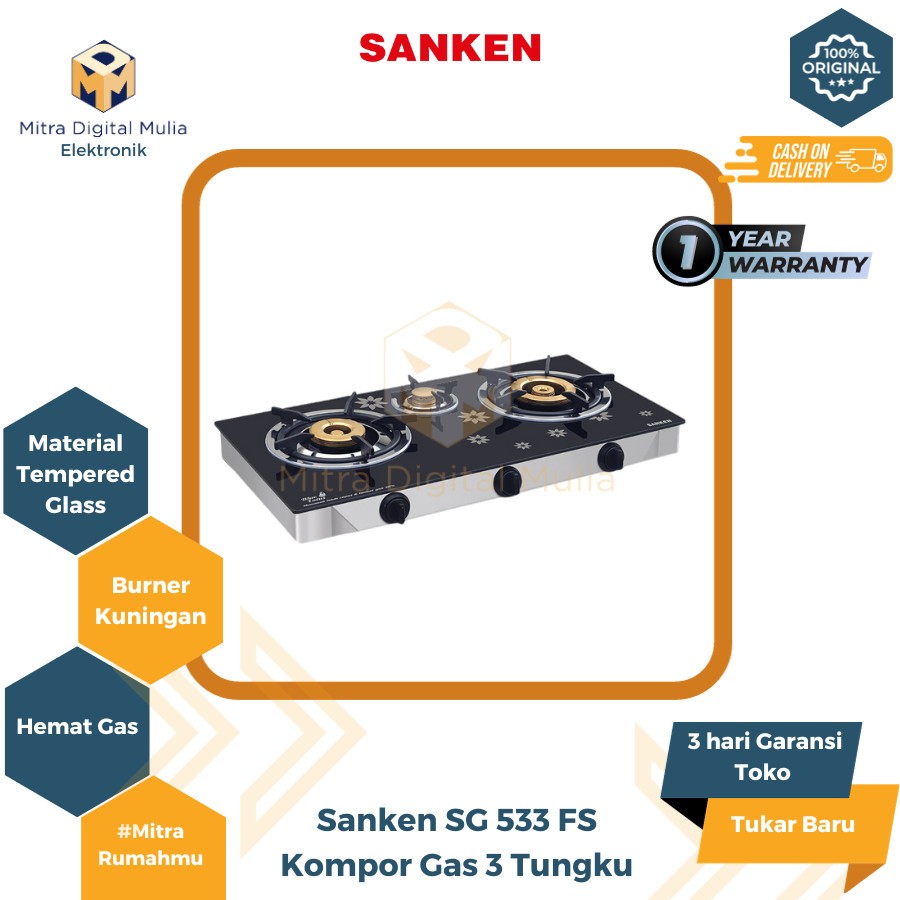 Jual Sanken SG 533 FS Kompor Gas Tempered Glass Premium [ 3 Tungku ...