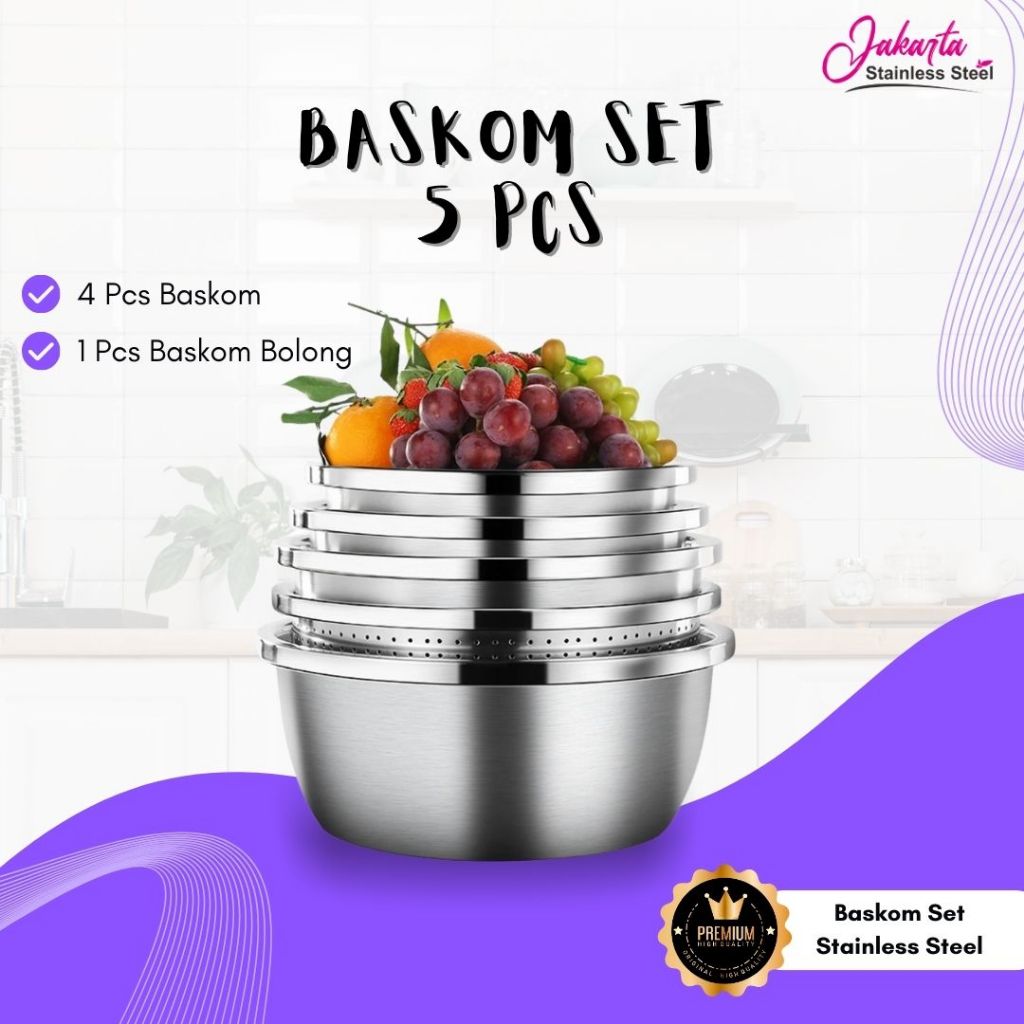 Jual JSS - Baskom Set Stainless Steel 1 Set 5 Pcs Wadah Cuci Beras ...