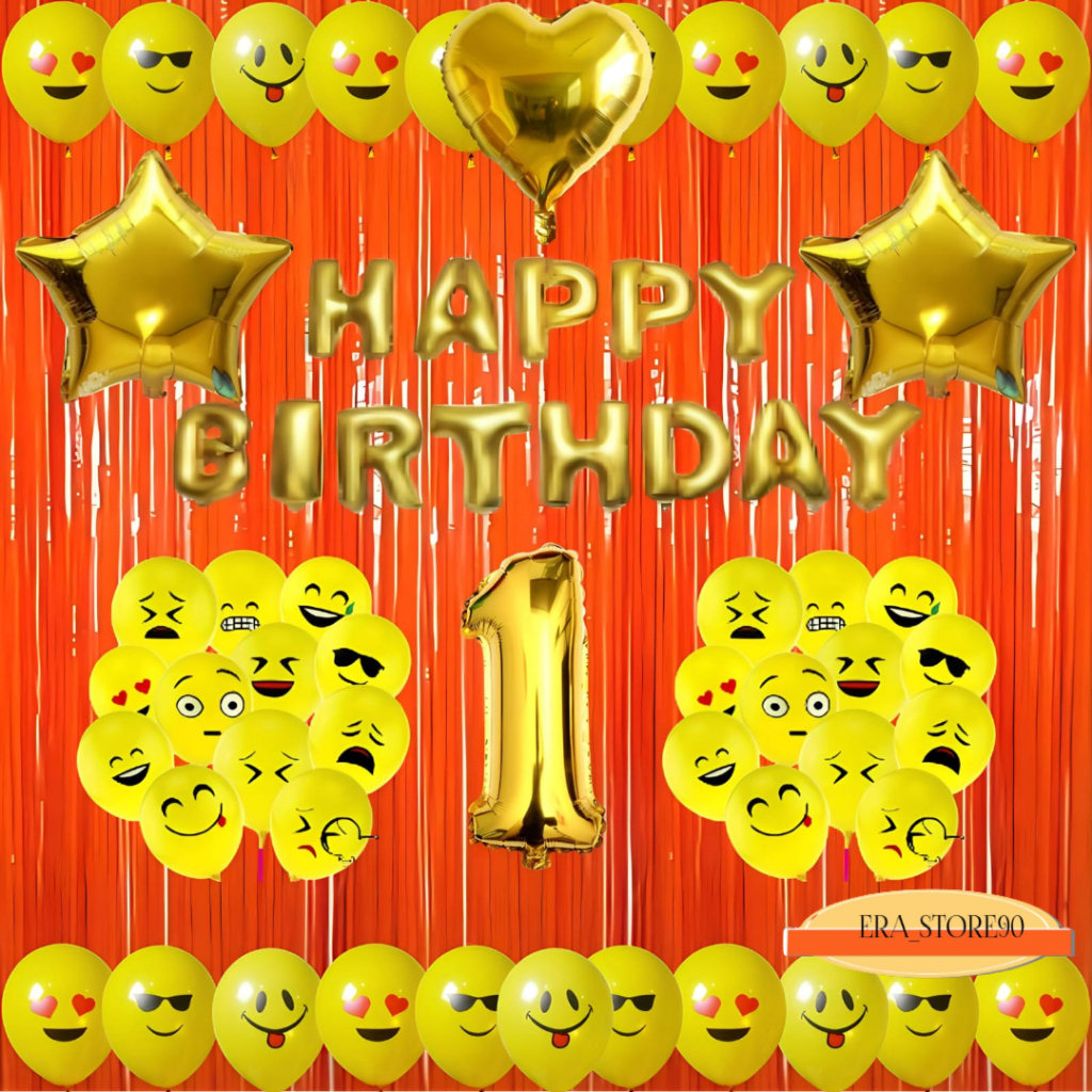 Jual Paket Set Pesta Ulang Tahun Tirai Oren Dan Kuning Balon Emoji ...