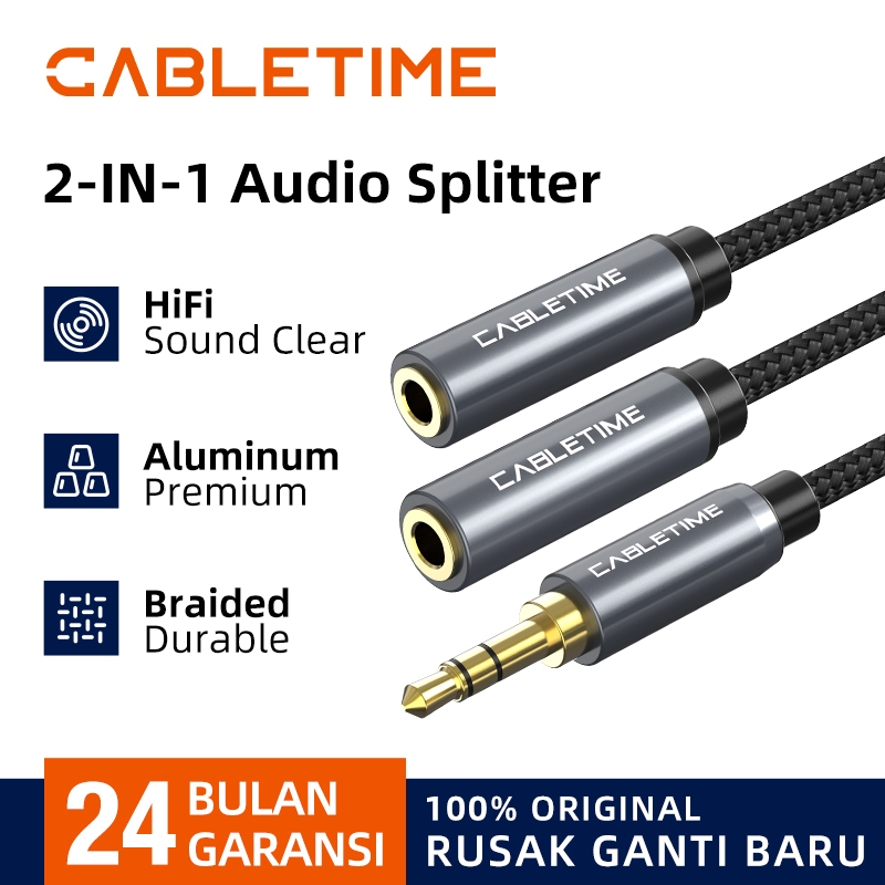 Jual CABLETIME Kabel Splitter Audio Aux 3.5mm to 2 Aux Female Braided ...