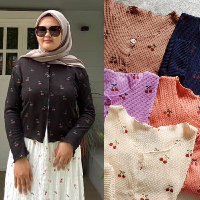 Jual BYE LOVELY - CARDIGAN CROP RAJUT MOTIF CERRY LENGAN PANJANG BAHAN WAFFLE PREMIUM / CARDIGAN ...