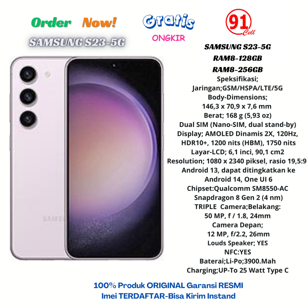 Jual SAMSUNG GALAXY S23-5G (RAM8-256GB)-(RAM8-128GB) Qualcomm SM8550-AC Snapdragon 8 Gen 2 (4 nm ...
