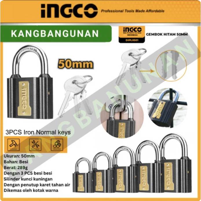 Jual GEMBOK RUMAH RUKO PAGAR BESI HITAM 50MM BRASS PADLOCK INGCO ...