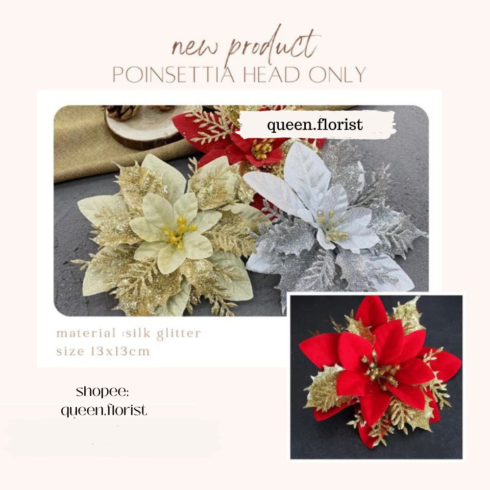 Jual 13cm POINSETTIA HEAD ONLY BUNGA GLITTER ARTIFICIAL HIASAN POHON ...