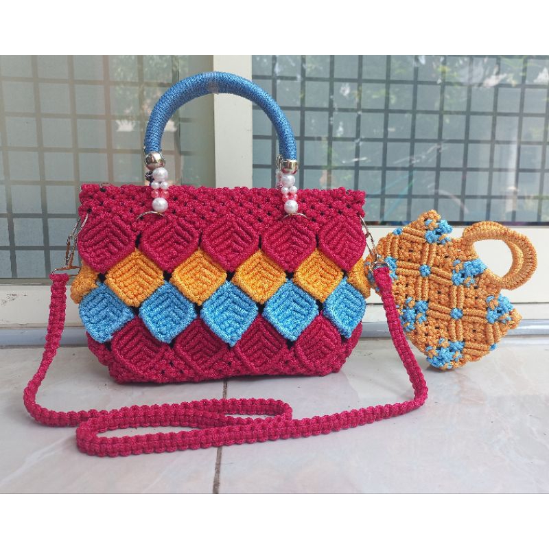 Jual Handbag Talikur Pesta Motif Rajut Mutiara set Dompet / Tas Rajut ...