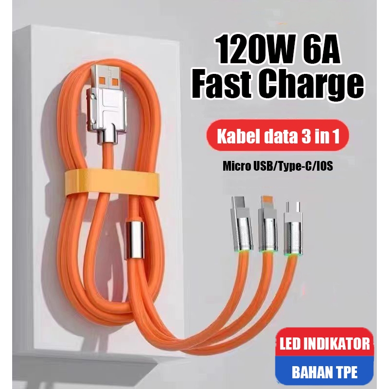 Jual ZHIKE Kabel Data 120W 6A 3 in 1 Fast Charging Micro USB Tipe C iOS Silikon Cair Kabel Data ...