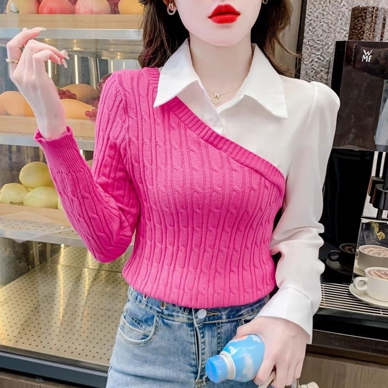 Jual Blouse Kerah Top Cotton Mix Knit - Polo 174 Atasan Rajut Wanita Atasan lengan panjang polo ...