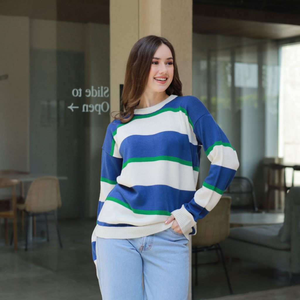 Jual Blouse stripe korea ZIVA - Malika Sweater Rajut Motif Blaster ...