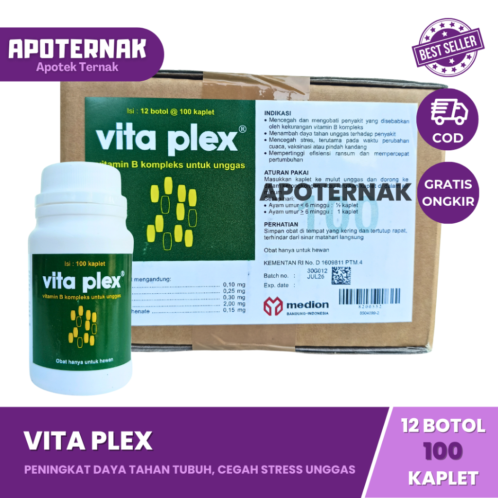 Jual VITA PLEX 100 Kaplet (1 Dus Isi 12 Botol) Medion | Vitamin B Kompleks Unggas Ayam Burung ...