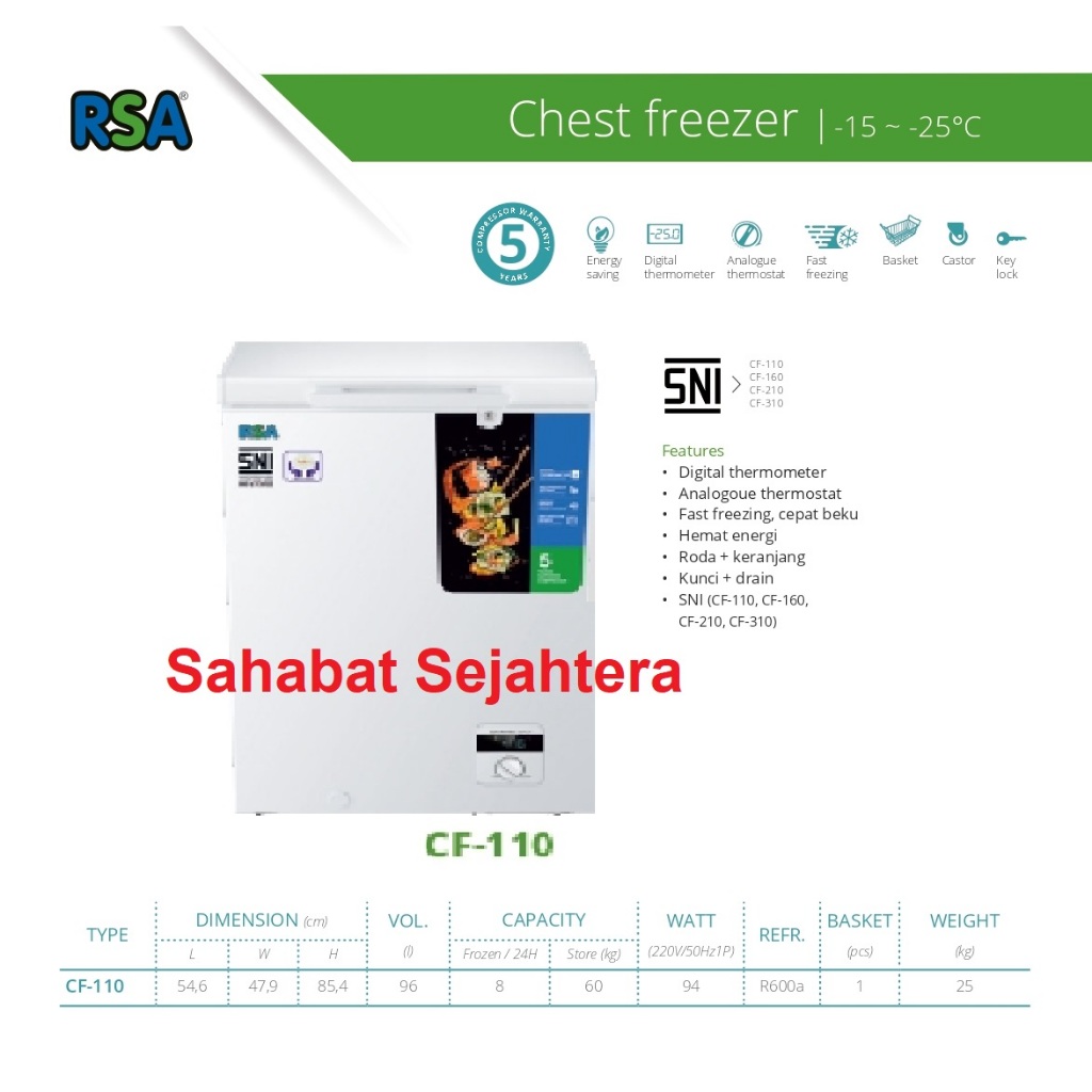 Jual RSA Chest Freezer Kap 96Liter CF-110 Freezer Box | Shopee Indonesia