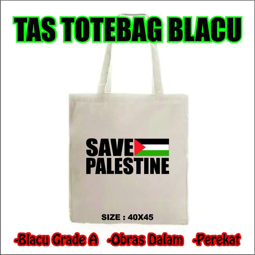 Jual TAS TOTEBAG//GOODIEBAG BLACU SAVE PALESTINE//DOMPET POUCH SAVE PALESTINE//ATRIBUT MUSLIM ...
