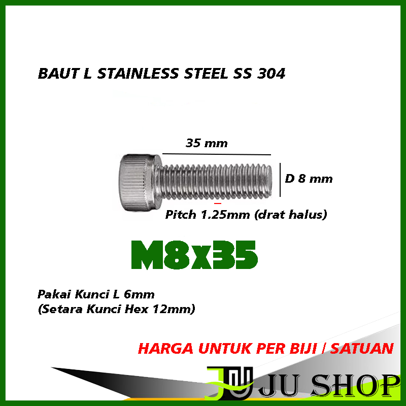 Jual Baut L M8x35 (HALUS) (KUNCI 12MM / kunci L 6MM) stainless steel M8 x 35 SS304 (HARGA PER ...