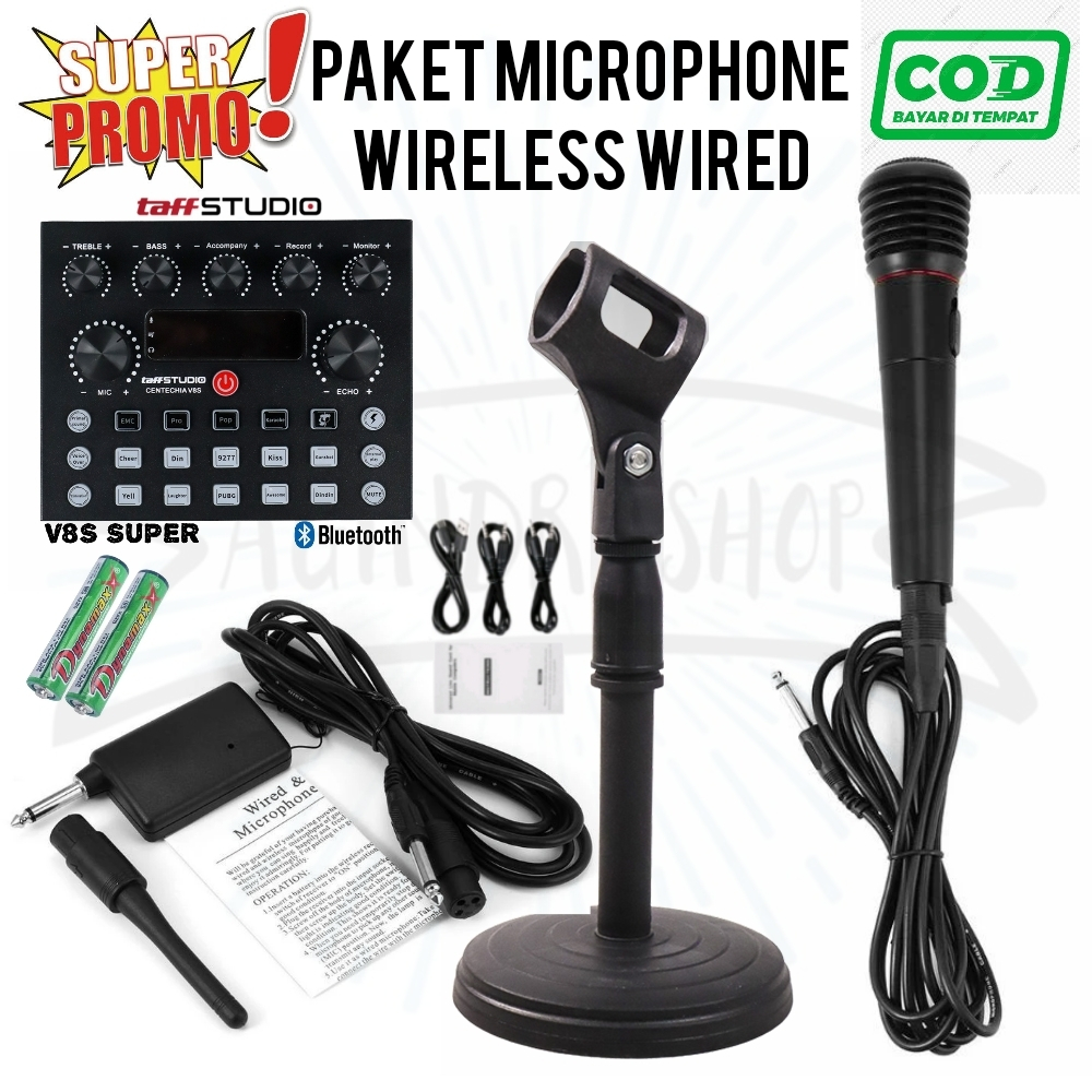 Jual Paket Microphone Mic Condenser Wireeless Wired Mic + Soundcard V8 ...