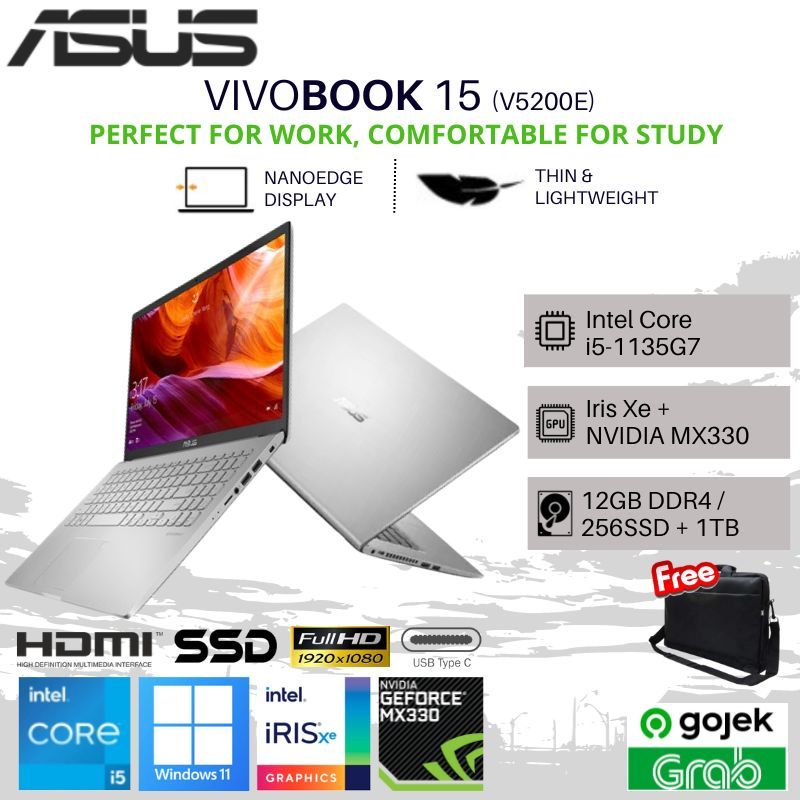 Jual Laptop Asus Vivobook V5200E CORE I5 1135G7 RAM 12GB 256SSD + 1TB ...