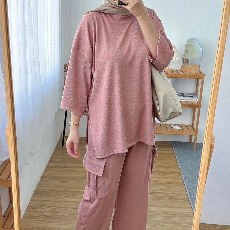 Jual SET CARGO OVERSIZE STELAN KNIT RIB TANGAN 7/8 JUMBO POLOS GROSIR ...