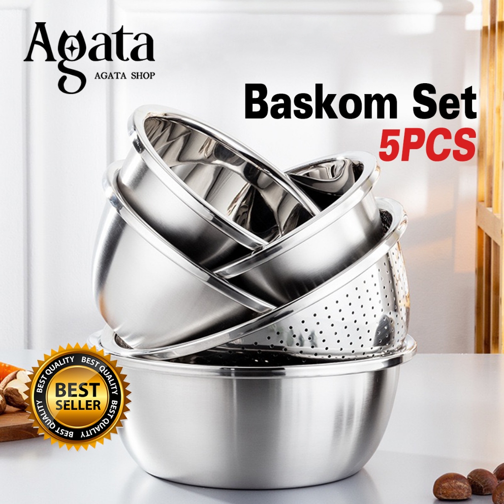 Jual Baskom Set 5 PCS Stainless Steel Tebal Dapur Wadah Cuci Beras Buah Sayur Baskom Dapur Bakul ...