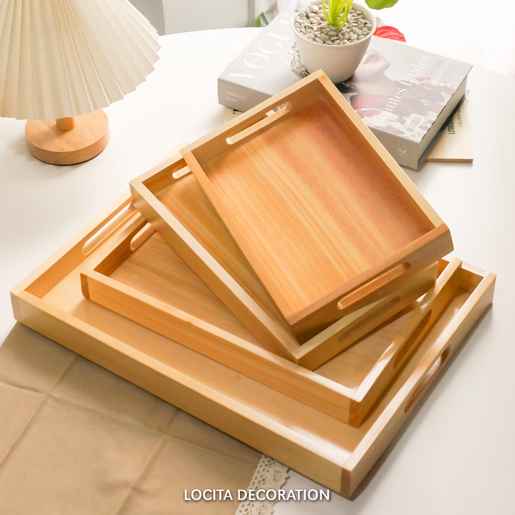 Jual Nampan Kayu Kotak Pinus Estetik Handle Lurus/Wooden Tray/Baki ...