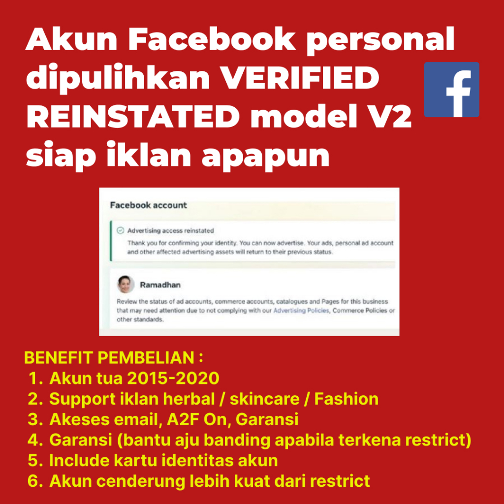 Jual Akun Personal Facebook Ads V2 / Reinstated Ads (Sudah Verifikasi Identitas) | Shopee Indonesia