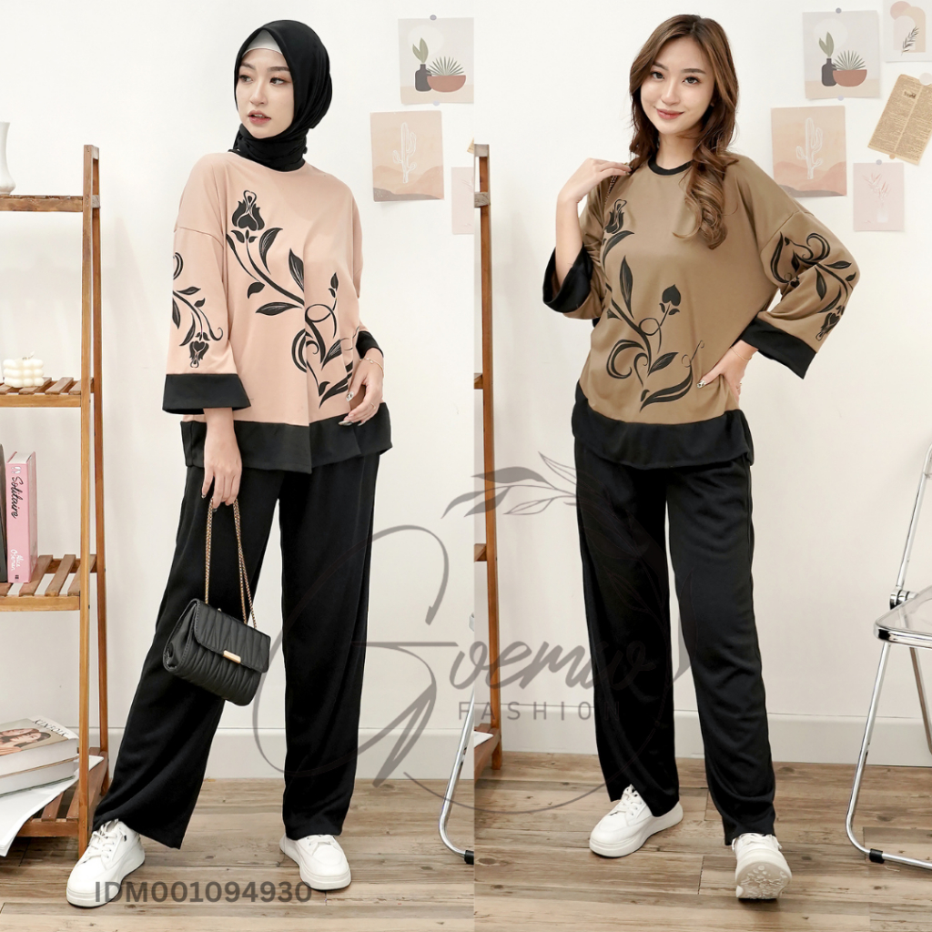 Jual ilook | LD 120 One Set Nury Setelan Katun Knit Combi Atasan Garis Dan Celana Panjang Wanita ...